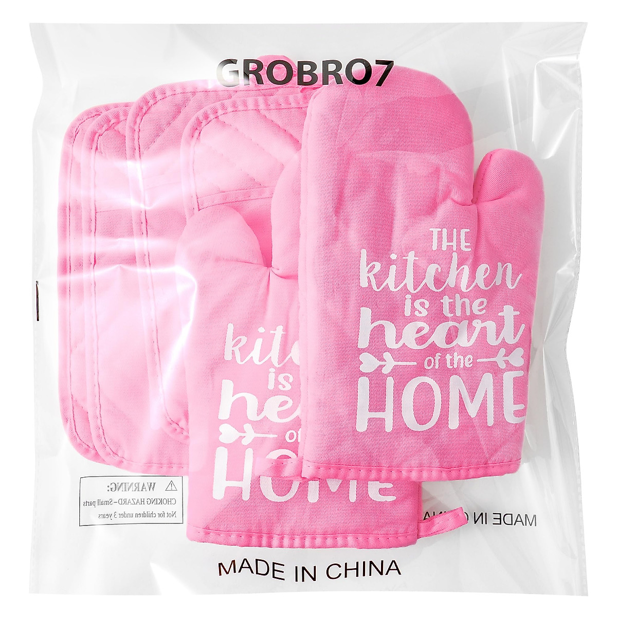 GROBRO7 6Pcs Funny Oven Mitts Pot Holders The Kitchen is The Heart of The Home Heat Resistant Hot Pad Machine Washable Gloves with Hanging Loop Pocket Pot Holder for Baking Cooking Pink