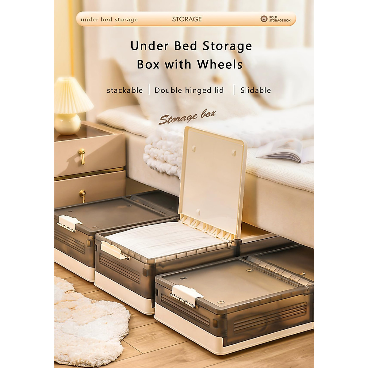 Corbyles Under Bed Storage - 3 Pack,Stackable Containers with Wheels,Folding Plastic Boxwith Lid，under Bins Drawer for Clothes,Shoes,Blankets,Clear + White,11.5Gal-3pack