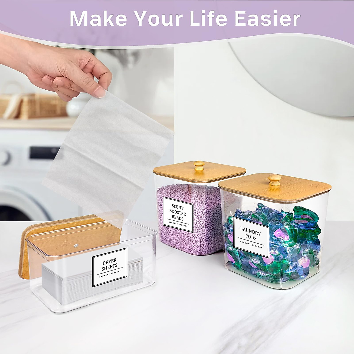 2+1 Pack Laundry Pods Container,Clear Laundry Detergent Powder Storage Containers,Laundry Room Organization Containers with Wooden Lids & Labels,Laundry Pods Holder for Scent Booster,Dryer Ball