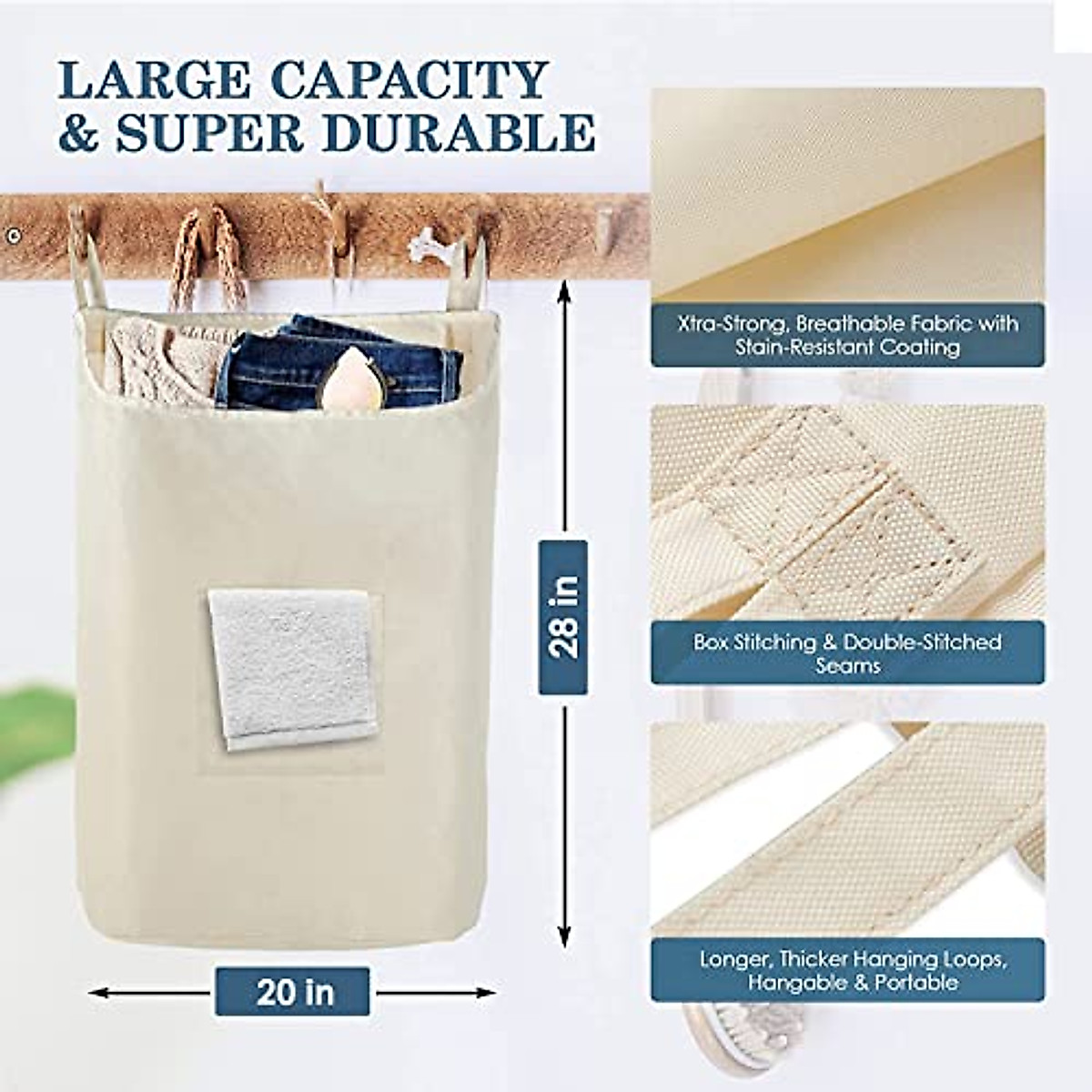 The Fine Living Co. Hanging Laundry Hamper with Over Door Hooks & Adhesive, Durable Space Saving Laundry Bag with Zipper and Wide Open Top, Hanging Dorm Laundry Hamper 20"x3.38"x28" (Beige-L)