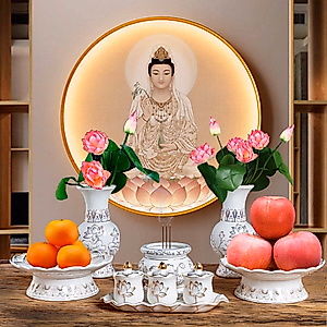 HOULU 7 Inch White Ceramic Buddhist Fruit Plate, Buddhist Supplies Offering Plate, Temple Tray, Fruit Bowl