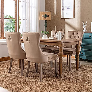 Danxee High-end Velvet Dining Room Chairs Upholstered Elegant Tufted Chair with Luxurious Button Nailed Trim Ring Pull Armless Accent Chair (Khaki, Set of 4)