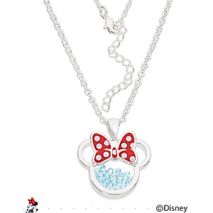 Disney Birthstone Women and Girls Jewelry Minnie Mouse Silver Plated March Aquamarine Light Blue Cubic Zirconia Shaker Pendant Necklace, 18+2" Extender