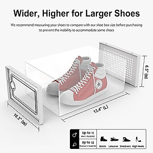 Potahouse® Shoe Storage Organizer, 12 Pack X-Large Stackable Shoe Box with Lids, Fit US Size Women's 12 Men's 11, Sneaker Storage Container Space Saving for Entryway Closet Dorm, White
