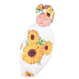 Thorn Tree Newborn Baby Girl Receiving Blankets Infant Baby Sunflower Swaddling+Bowknot Headbands 2Pcs for Cute Baby (0-3 Months,White Baby Wrap Blanket)