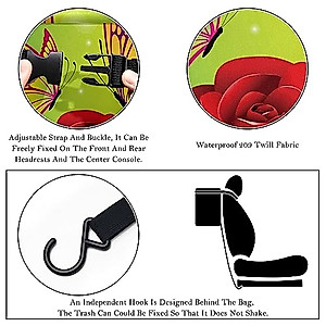 RODAILYCAY Trash Bag for Car, Foldable Vehicle Garbage Container Can with Lid Storage Bag, Red Rosy Flower Flying Blutterflies Kissing Leak-Proof Truck Trash Dustbin