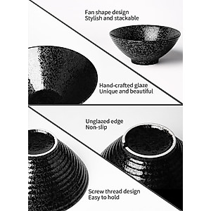 Kanwone Ceramic Japanese Ramen Bowl Set, Noodle Soup Bowls - 60 Ounce, with Matching Spoons and Chopsticks for Udon Soba Pho Asian Noodles, Set of 2, Black