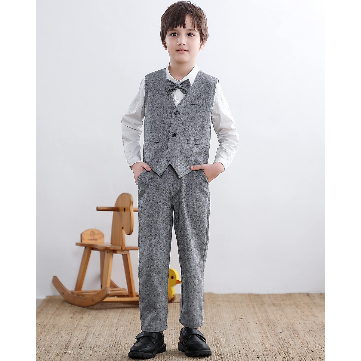 Boys Dress Clothes Set, 3PCS Baby Boy Formal Suits with Bowtie Dress Shirt + Suspender Pants + Suit Vest Wedding Clothing Outfits for Boys， Grey Zsl， 18-24 Months = Tag 90