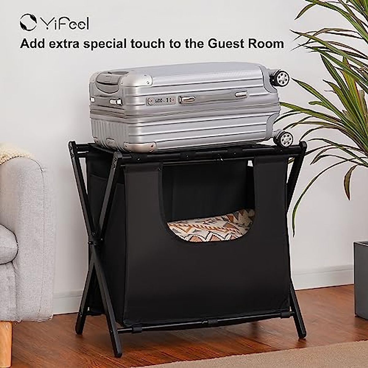 Yifeel Luggage Rack, Folding Suitcase Stand with Laundry Bag, Sturdy Luggage Holder, Steel Frame, Pack of 2, Guest Room, Bedroom, Hotel, Black JLR001B2
