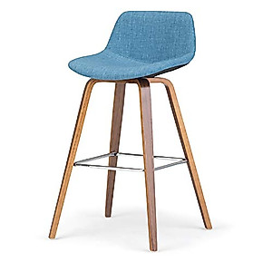 SIMPLIHOME Randolph 26 Inch Mid Century Modern Bentwood Counter Height Stool (Set of 2) in Medium Blue Linen Look Fabric, For the Dining Room and Kitchen