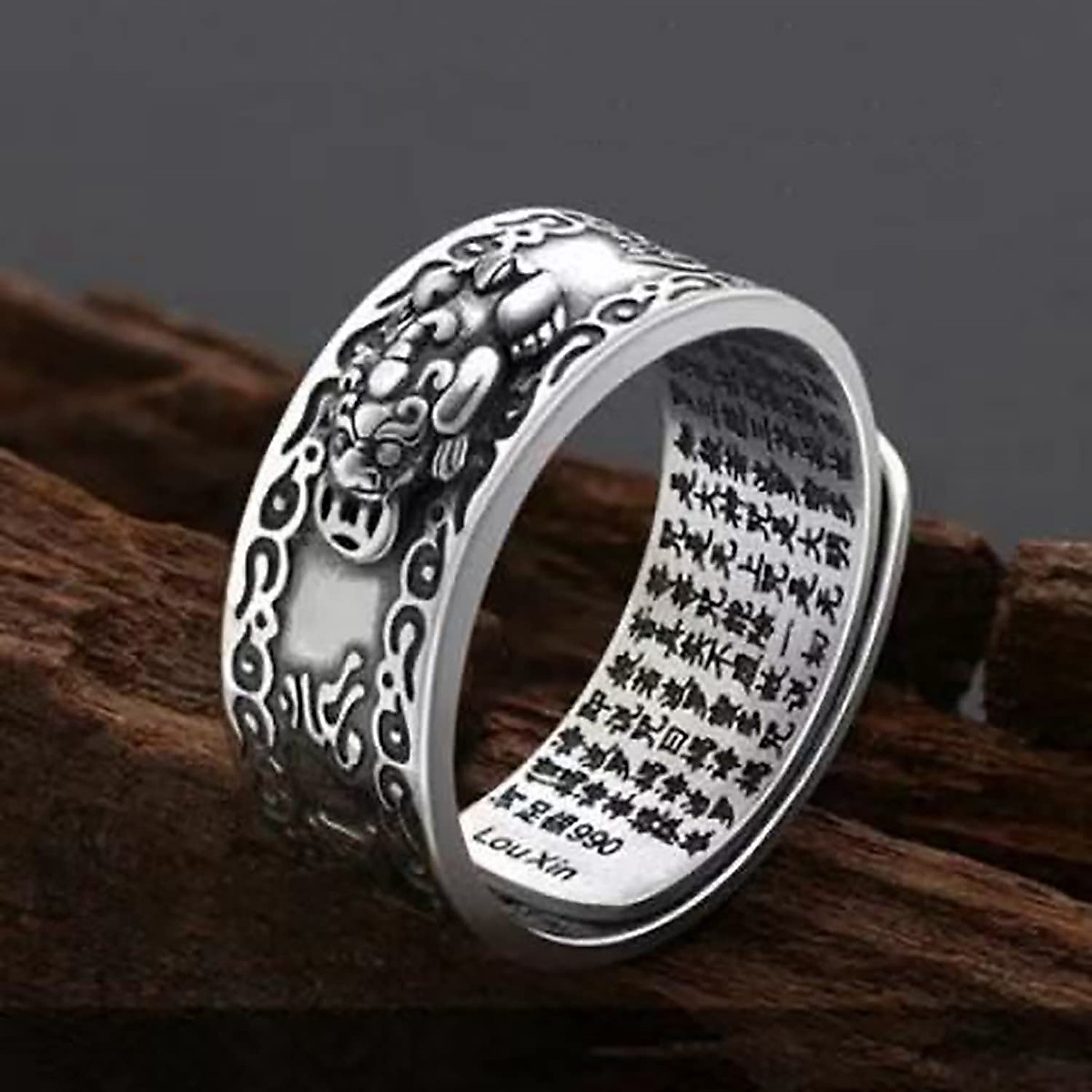 Feng Shui Pixiu Mantra Ring Buddhist Lucky Amulet Mantra Double Protection Wealth Ring Jewelry Adjustable Ring for Women Men (Xiang Yun)