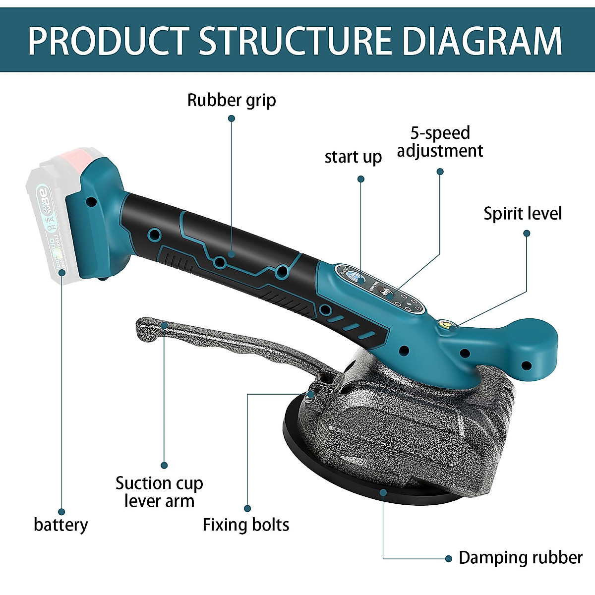 Tile Vibration Tool compatible with Makita 18V Battery, Cordless Tile Vibration Machine with 5 Adjustable Speed & Suction Cup & Digital Display(no battery&charger)