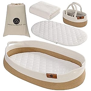 Baby Changing Basket, Moses Diaper Basket w/ foam pad, 2 waterproof covers, blanket, diaper caddy organizer, table/dresser/nursery topper, boho bassinet station woven rope tray, storage (Brown)