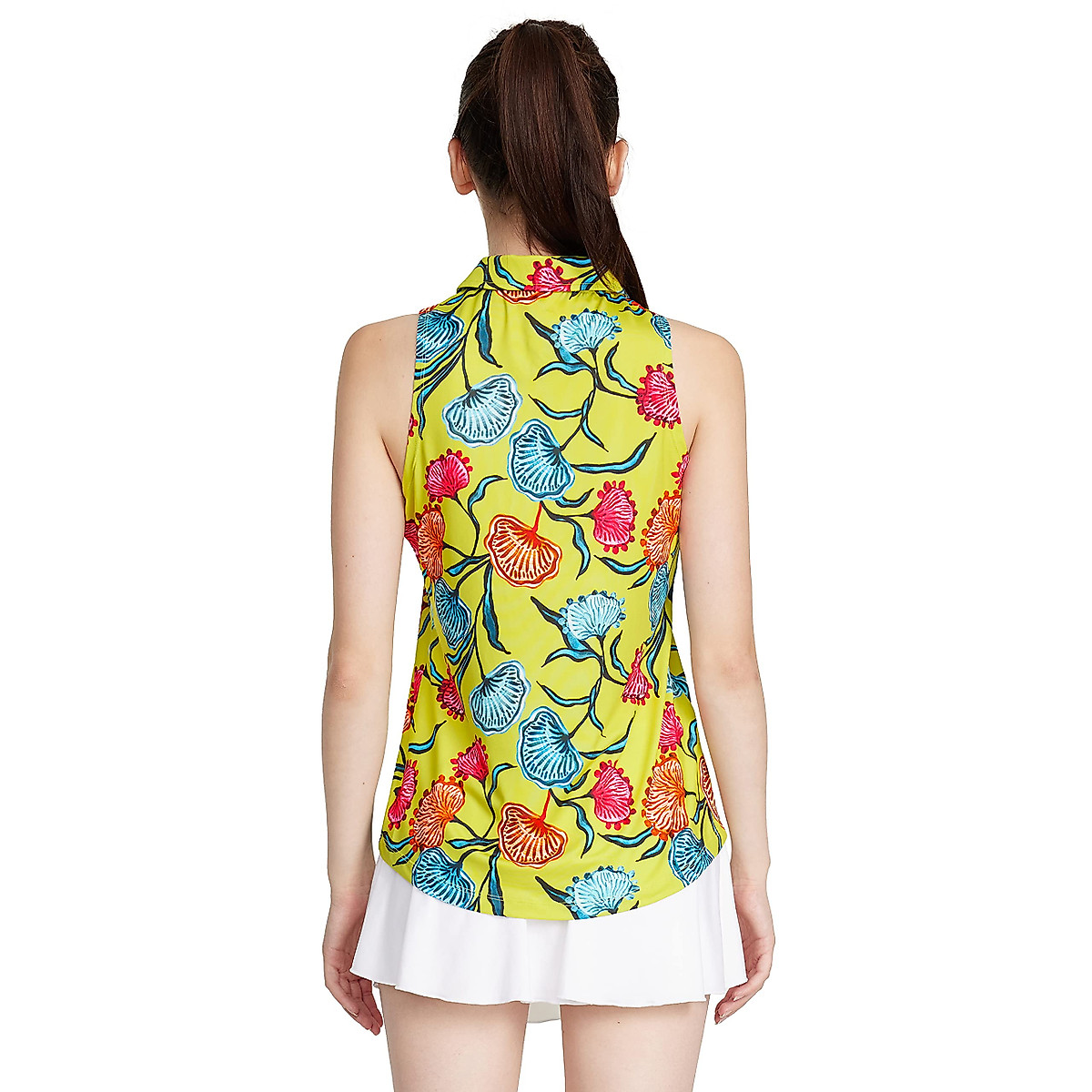 CQC Women's Sleeveless Golf Shirts Quick Dry Floral Athletic Polo with Collar Zip Up Lightweight Tennis Tank Tops Tropical Coquette M