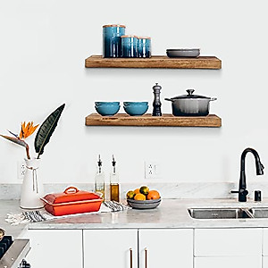 Edepreak Floating Shelves Pine Wood Floating Shelf Wall Shelf Set of 2 Kitchen Wooden Shelves Carbonized Farmhouse Shelves for Wall Decor Wooden Floating Book Shelves Hidden Bracket for Bathroom