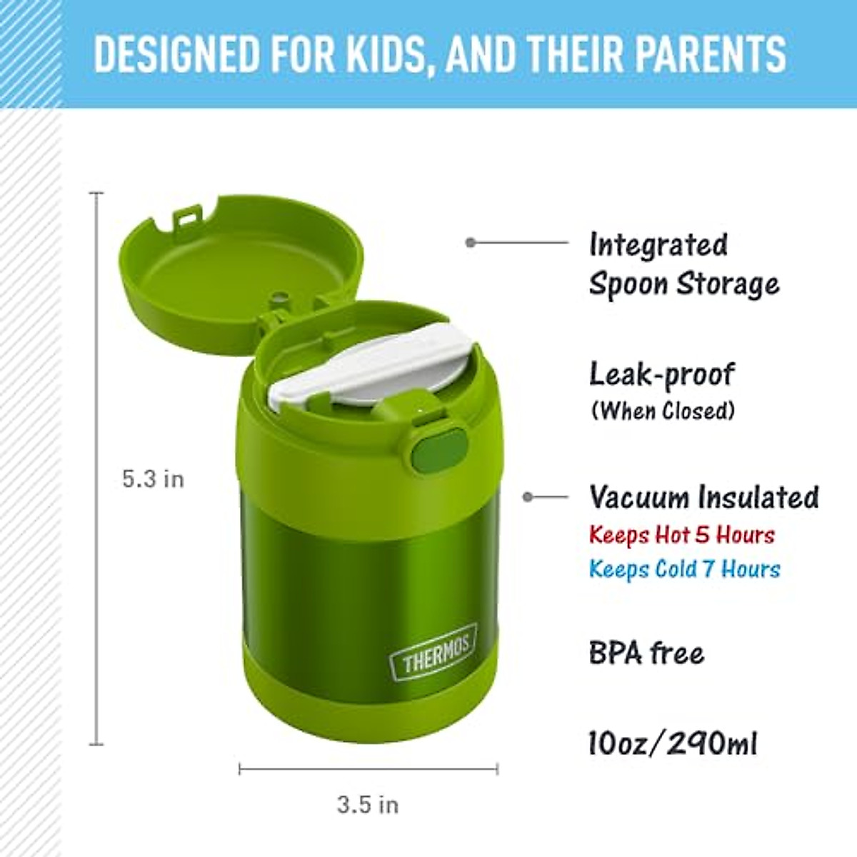 THERMOS FUNTAINER Insulated Food Jar – 10 Ounce, Lime – Kid Friendly Food Jar with Foldable Spoon