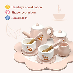 Wooden Afternoon Tea Set Toys for Toddlers Realistic Teapot Cups Carrying Tray Scoops Pretend Play Learning Role Play 12 pcs Pink Gift for Kids