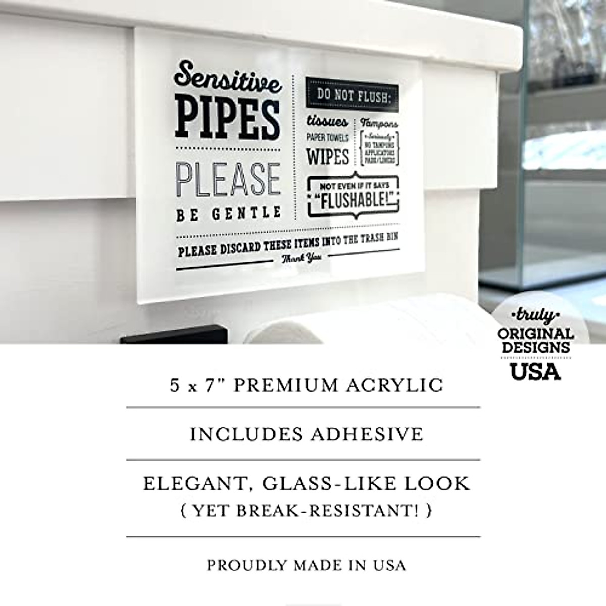 5x7 Inch Sensitive Pipes Designer Bathroom Sign ~ Ready to Stick, Lean or Frame ~ Premium Acrylic Plexiglass, Durable (White)