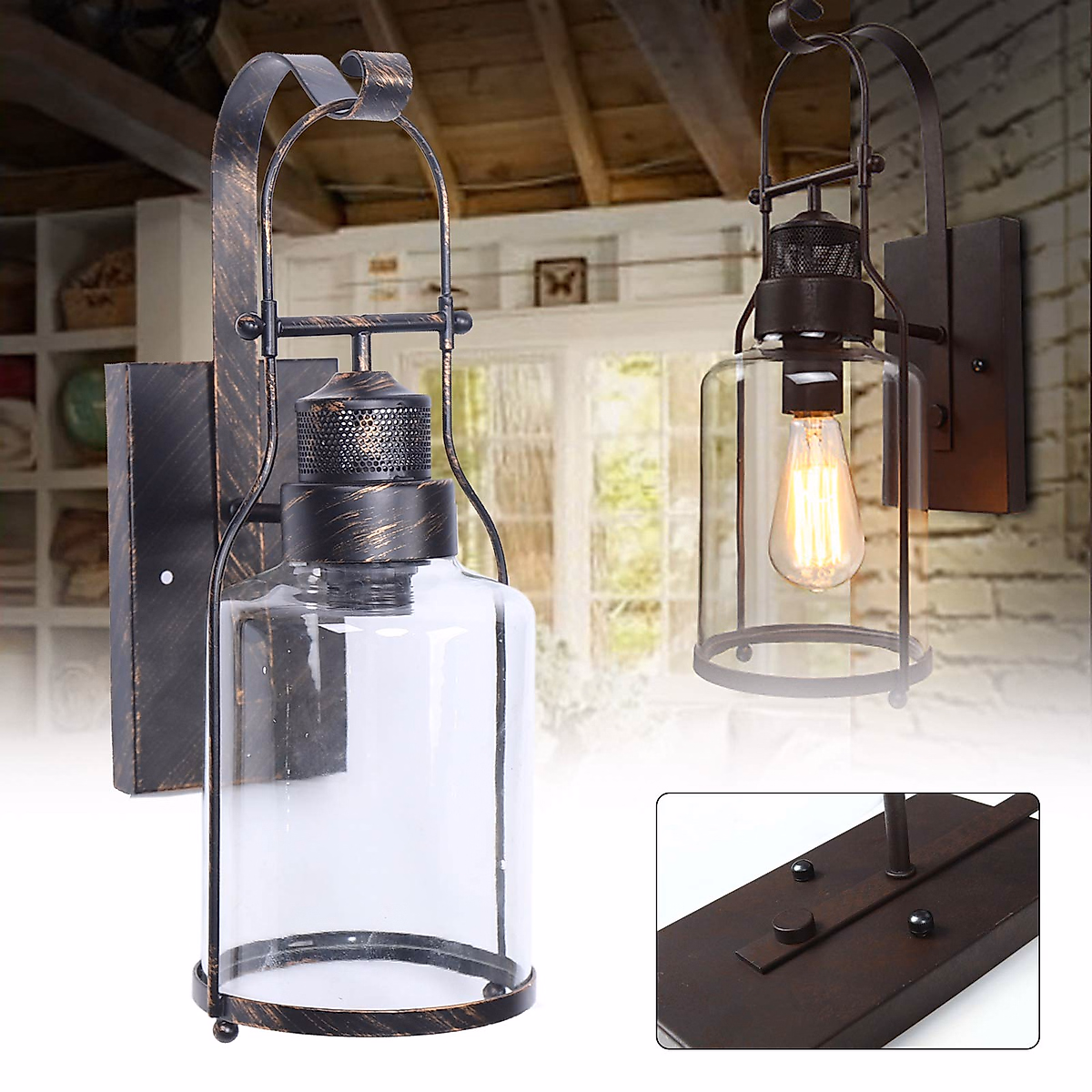 XUANIIIL Farmhouse Wall Sconces Lighting, Industrial Rustic Porch Wall Lamp Fixture with Clear Glass Shade, Exterior Retro Lantern Wall Light for Outdoor/Indoor/Bedroom