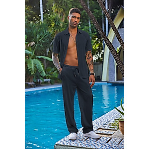 COOFANDY Men's 2 Piece Outfit Casual Short Sleeve Button Down Shirt Beach Summer Loose Pant Sets