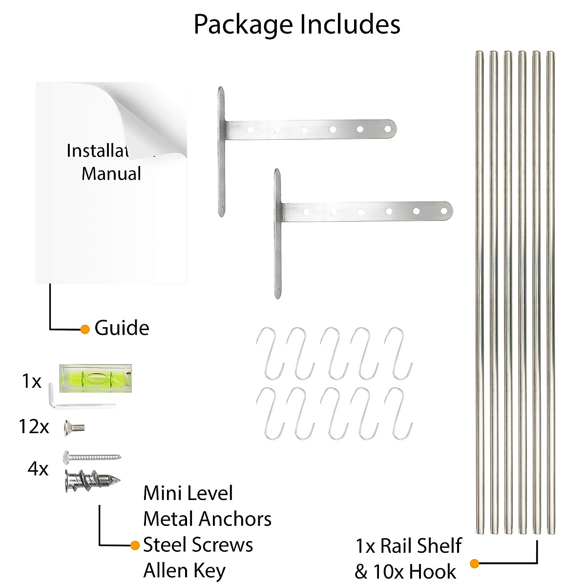 Wallniture Lyon Kitchen Organization and Storage Rack, Stainless Steel Metal Wall Shelf with 10 S Hooks for Hanging Pots and Pans, Chrome