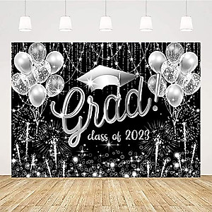 Ticuenicoa 7x5ft Silver Black Congrats Grad Backdrop for Photoshot Class of 2023 Congratulations Graduation Party Decor Silver Photography Background Prom Photo Booth Props Dessert Table Banner