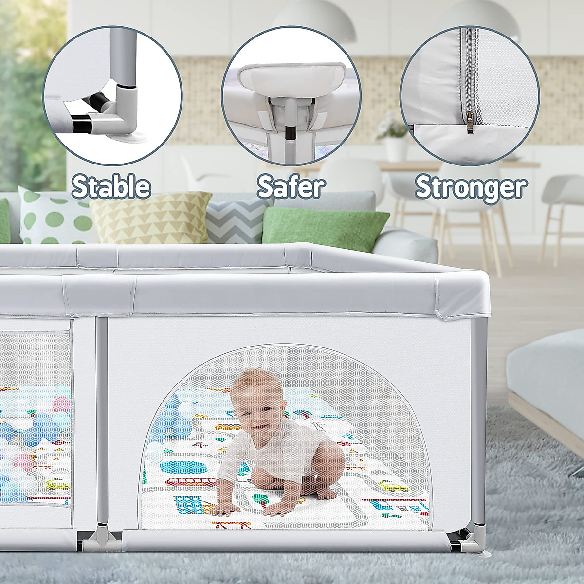 Baby Playpen with Mat, ALVOD 79''x71'' Baby Playard Baby Fence Play Area Extra Large Playpen for Babies and Toddlers, Safety Baby Playpen with Anti-Slip Base, Play Yard Kids Activity Center Home, Gray