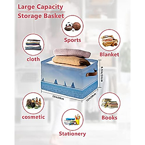 Blue Wide Sea Sailboat Storage Bins, Collapsible Cube Storage Organizer with Handles, Sea Horizon Sky White Clouds Waterproof Clothes Hamper Storage Basket for Toys/Blanket 15"x11"x9.5"