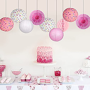 Famolay Donut Paper Lanterns Decorative, 9PCS Pink Party Decorations Paper Fans Honeycomb Ball Ice Cream Decor Birthday Supplies Hanging Lanterns Lamps for Kids Baby Shower