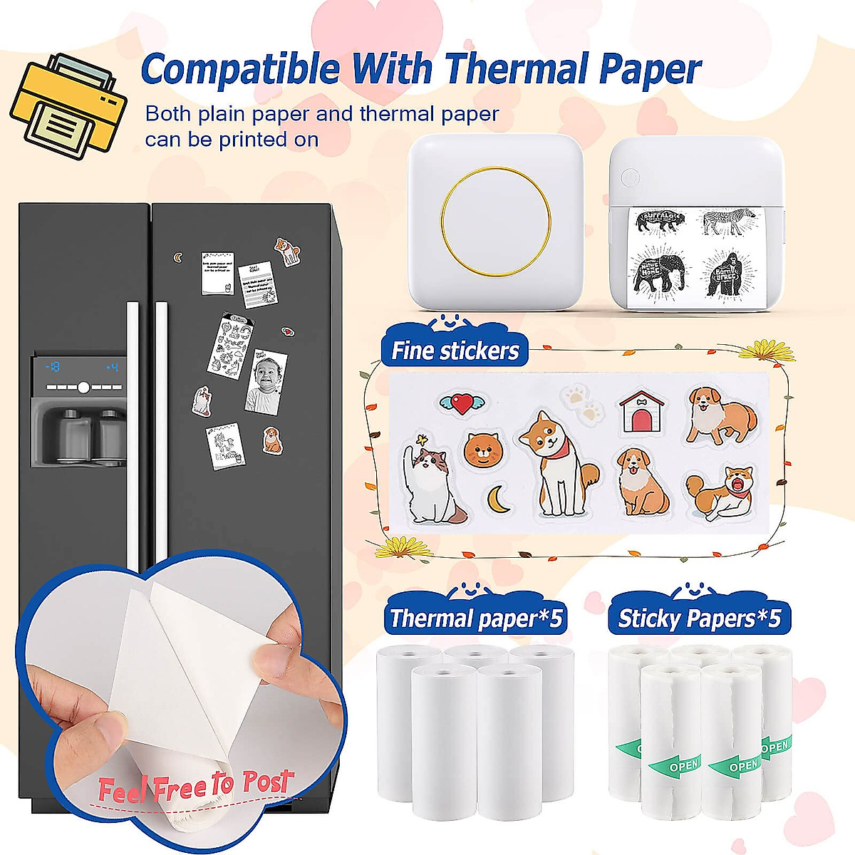 Mini Printer Portable Bluetooth-compatible Photo Printer with 10 Rolls Paper, Inkless Pocket Printer for iPhone Thermal Sticker Maker Machine Label Printer for Receipt Picture Notes Study Home Office