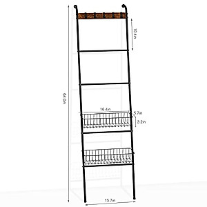 Blanket Ladder Black Farmhouse Leaning Towel Ladder Holder with 2 Metal Baskets 4 Tier Decorative Ladder Rack with 5 Removable Hooks for Living Room Bathroom Bedroom, Industrial Brown