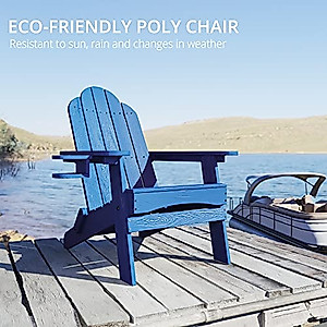 LUE BONA Folding Adirondack Chair Set of 4, Navy Poly Fire Pit Adirondack Chair Weather Resistant, Modern Plastic Adirondack Patio Chairs with Cup Holder, 320LBS, Outdoor Chairs for Pool Porch Beach