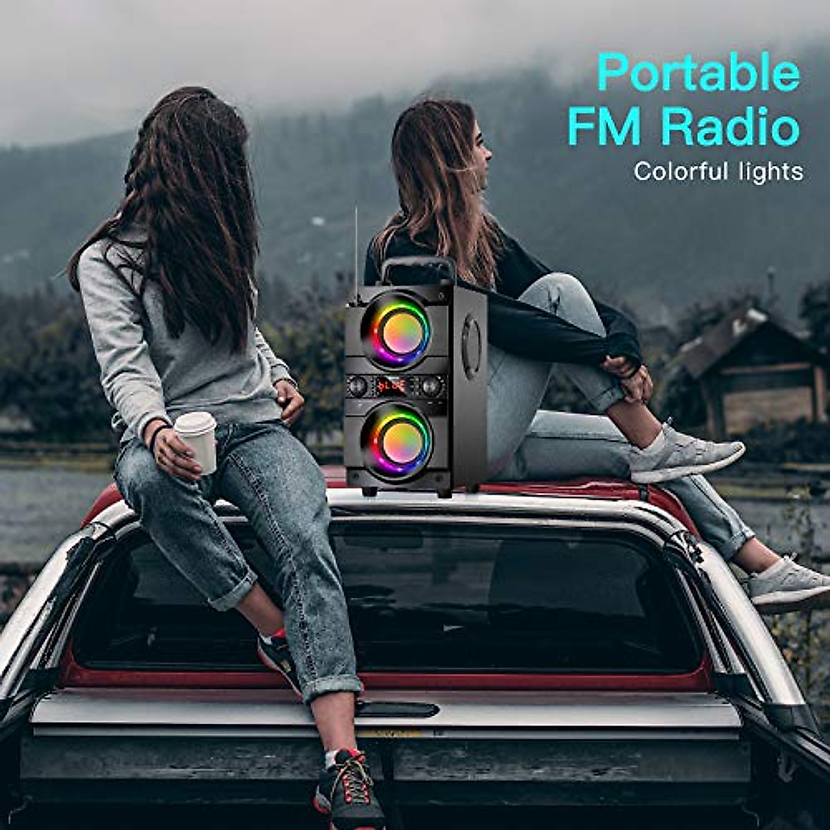 Bluetooth Speaker, 60W (80W Peak) Portable Wireless Speaker with LED Colorful Lights, Double Subwoofer Heavy Bass, FM Radio, Loud Speaker for Home Outdoor Party Camping