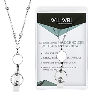 Retractable Badge Reel Lanyard with ID Holder for Women, Will Well Fashion Beaded Lanyard Stainless Steel Necklace with Water Resistant Name Badge Holder, Silver