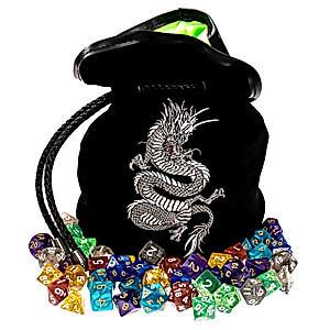 Large Dice Bag with 7 Complete Dice Sets | Dragon DND Dice Bag and 49 Polyhedral Dice | Black Dice Bag with Pockets