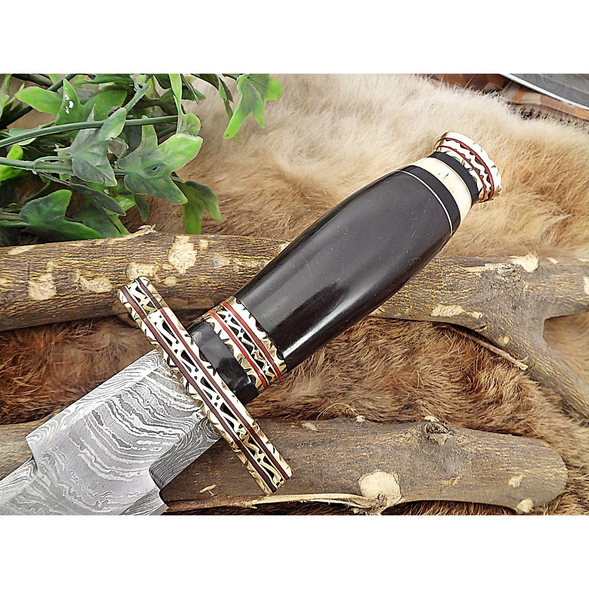 15 Inches long Damascus Steel Hunting Knife, 10" long custom made Hand Forged Damascus steel zig zag blade, Bull horn with engraved brass scale and finger guard, Cow hide Leather Sheath with belt loop
