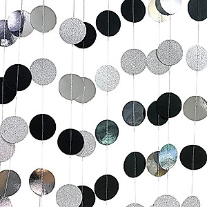 SaktopDeco 65.6 Feet Glitter Black Silver Circle Dot Paper Garland Black Birthday Wedding Bachelorette Party Backdrop Decorations