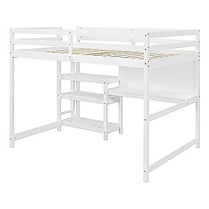 Prohon Full Size Loft Bed with Desk, Shelves and Writing Board, Wood Loft Bed with Full-Length Guardrails, Wooden Slat Support No Box Spring Needed, Loft Bed Frame for Kids Adults Teens, White