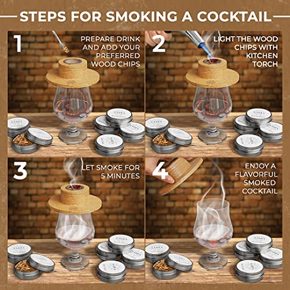 Cocktail Smoker Kit - Old Fashioned Smoker Kit for Cocktails, Whiskey & Bourbon - Whiskey Smoker Kit w/Stone Cubes, Wood Smoker Unit & Chip Flavors - Great Bourbon Smoker Kit Gift for Whiskey Lovers