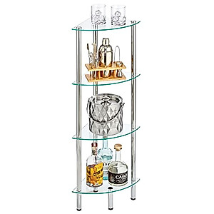mDesign Modern Glass Corner 4-Tier Storage Organizer Tower Cabinet with Open Shelves - Display Furniture for Bathroom, Office, Bedroom, Living Room - Holds Books, Plants, Candles - Chrome/Clear