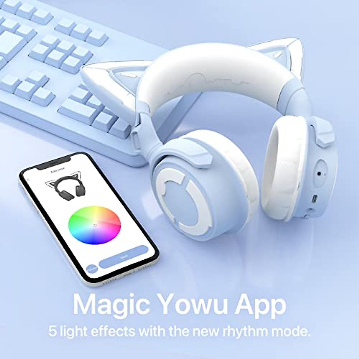 YOWU RGB Cat Ear Headphone 4, Upgraded Wireless & Wired Gaming Headset with Attachable HD Microphone -Active Noise Reduction, Dual-Channel Stereo & Customizable Lighting and Effect via APP (Blue)