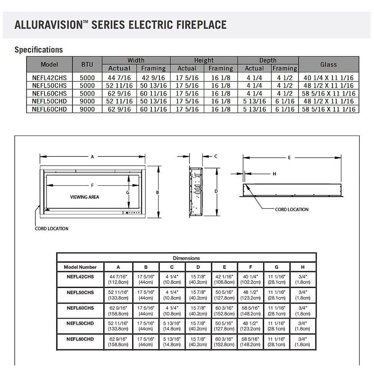 Napoleon Alluravision 50 - NEFL50CHS - Slimline, Wall Hanging Electric Fireplace, 50-in, Black, Crystal Ember Bed, 3 Flame Colours, Remote Included
