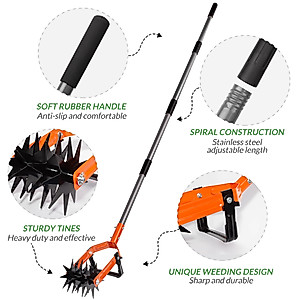 Walensee Rotary Cultivator Tool, Adjustable Garden Hand Tiller with Stainless Steel Pole, 2-in-1 Garden Weeder and Crumbler Soil Cultivator Tool with Weeding Knife for Soil Mixing or Reseeding Grass