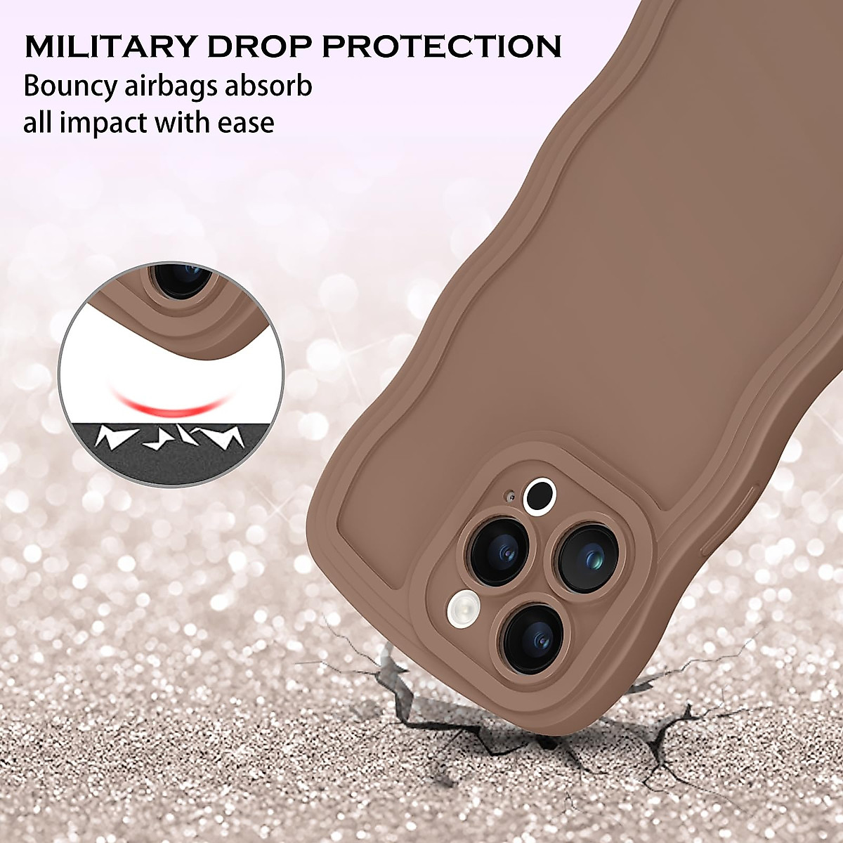 YINLAI Designed for iPhone 13 Pro Max Case 6.7-Inch, Brown Soft Silicone Gel Rubber Phone Cover, Cute Curly Wave Frame Shape Slim TPU Bumper Women Girly Shockproof Protective Case, Khaki