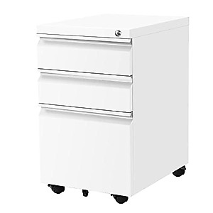 Greenvelly White File Cabinet 3 Drawer on Wheels, Metal Locking Filing Cabinet with Lock, Under Desk Mobile File Cabinet with Hanging Frame and 2 Keys for Legal/Letter/A4 Size, Fully Assembled