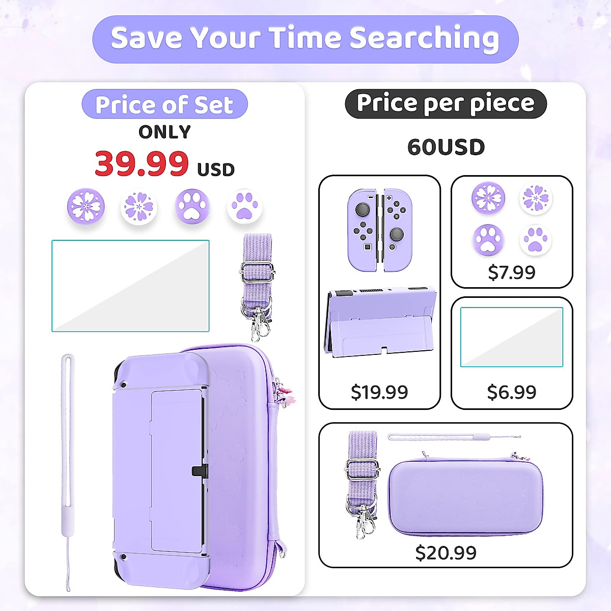 FUNDIARY Carrying Case for Nintendo Switch OLED, Cute Storage Carry Case for Switch OLED Accessories with Flip Case, Screen Protector, Adjustable Shoulder Strap, Wrist Band and 4 Thumb Caps (Purple)