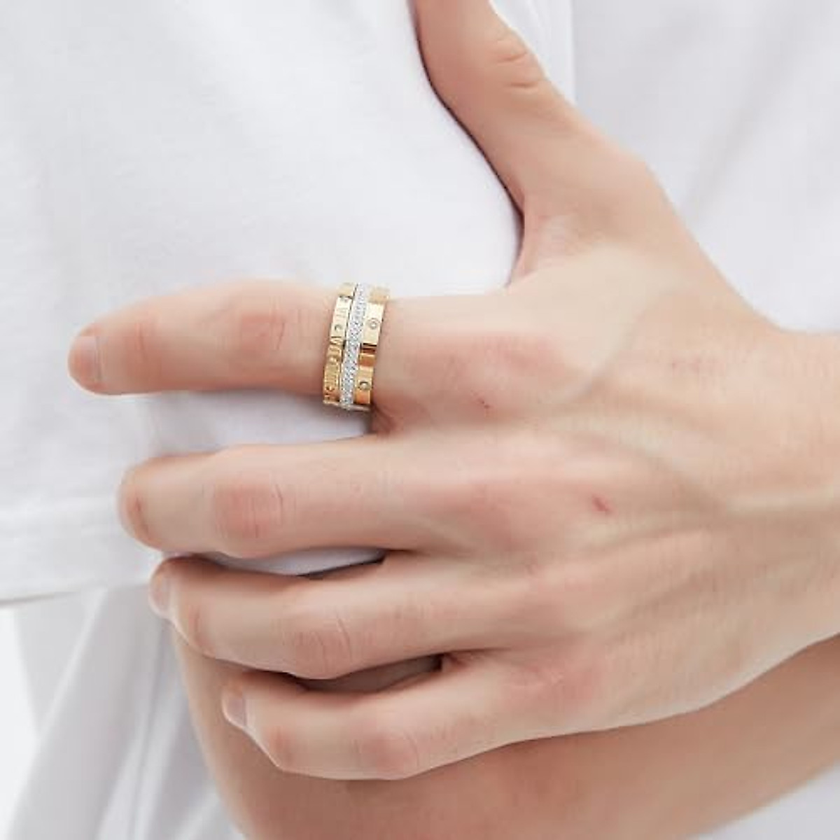 Anxiety Fidget Ring Love Friendship Gold Rings for Women 14K Gold Plated Titanium Steel Dainty Cubic Zirconia Rings Stacking Bands 3 In 1 Spinner Rings for Men Valentines Day Mother's Day Christmas Day Best Gifts (God, 7)