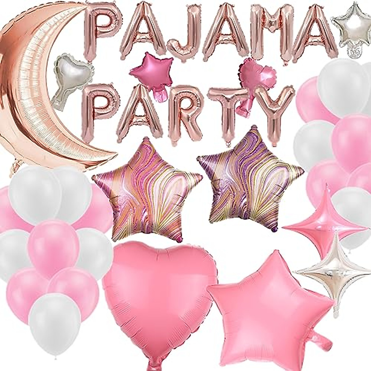 44 Pieces PAJAMA PARTY Balloons Rose Gold Moon Star Heart Aluminum Foil Balloons Pink Latex Balloons for Girls Women Slumber Party Sleepover Birthday Party Spa Party Decoration (Rose gold)