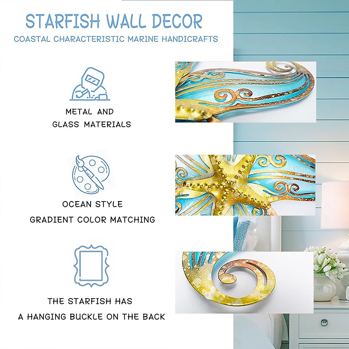 POXOHO Metal Starfish Wall Decor, Sea Life Coastal Decorations 12 inch Starfish Wall Art, Nautical Home Decoration Handing Ocean Beach Wall Art for Garden,Fence,Home,Patio,Kitchen,Bathroom,(Blue)
