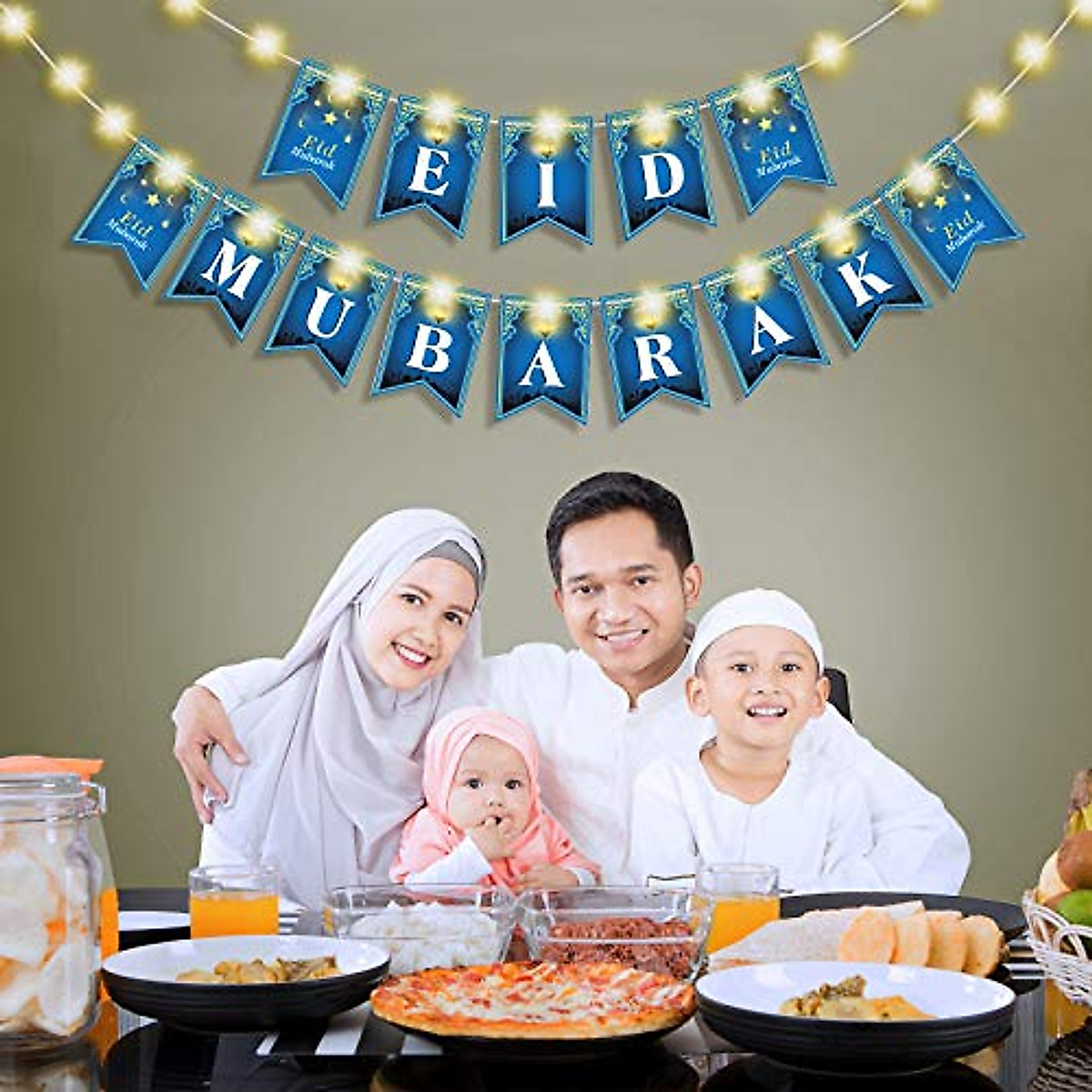 Eid Mubarak Paper Banner Eid Mubarak Bunting Banner with Led Fairy String Light 3 Flicker Modes, Eid Celebration Hanging Garland Decoration for Muslim Ramadan Party Supplies, No DIY Required (Blue)